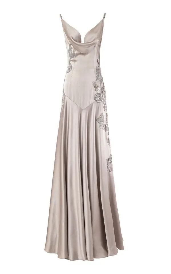 LA FUORI Embellished Silk Satin Gown - Silver