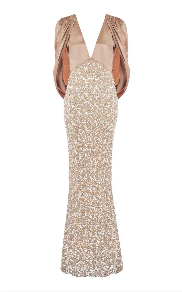 LA FUORI Genevieve Sequined Lace Gown - Nude