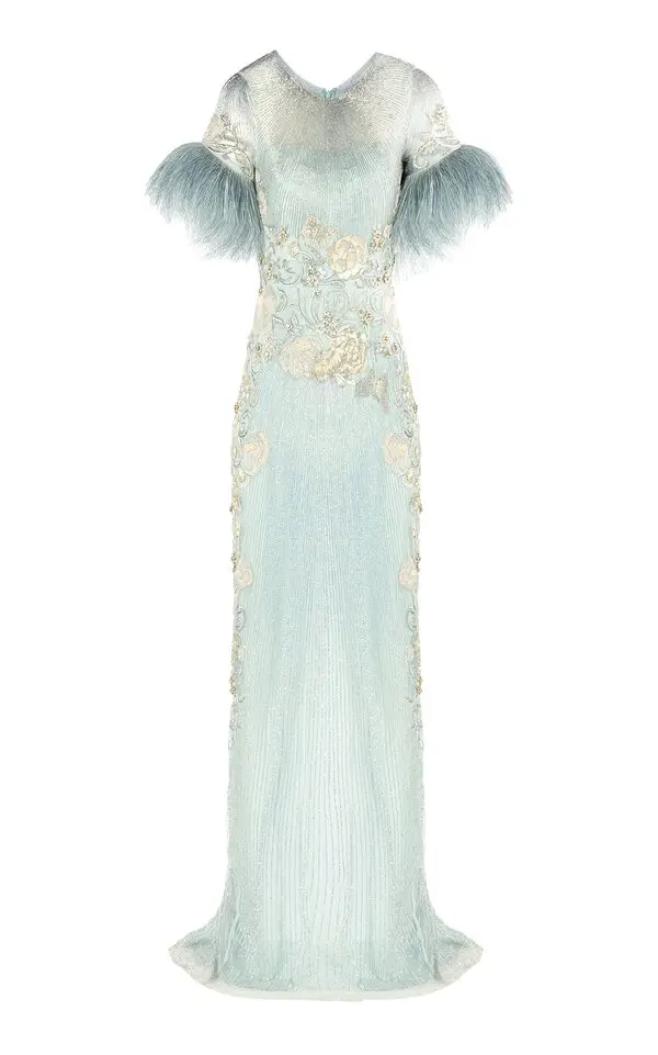 LA FUORI Crystal Feather Embellished Tulle Gown - Blue