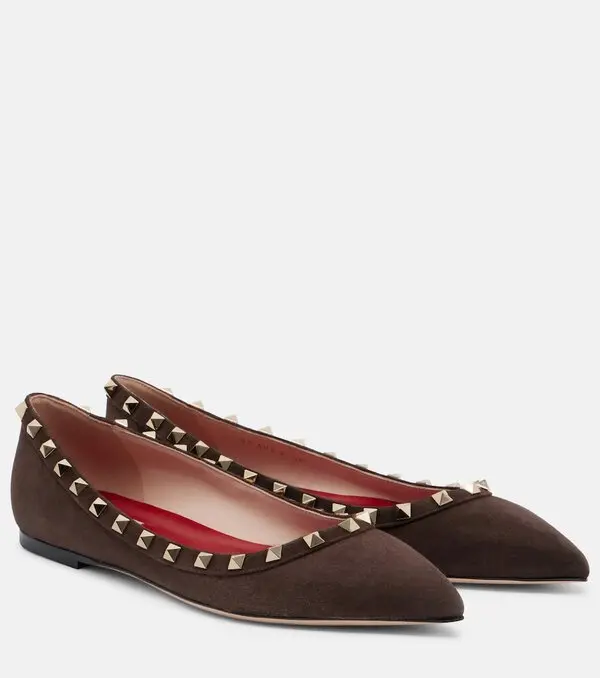 Valentino Garavani Rockstud Suede Ballet Flats - Brown