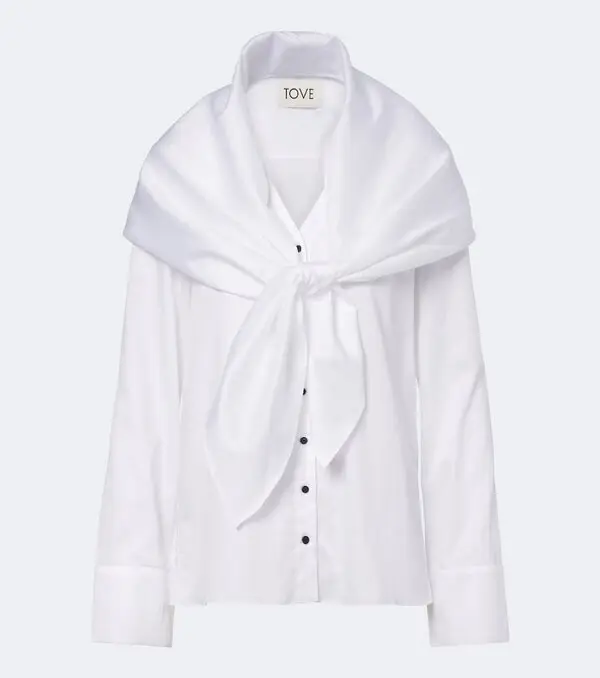 Tove Nia Cotton Poplin Shirt With Draped Bow Detail - White