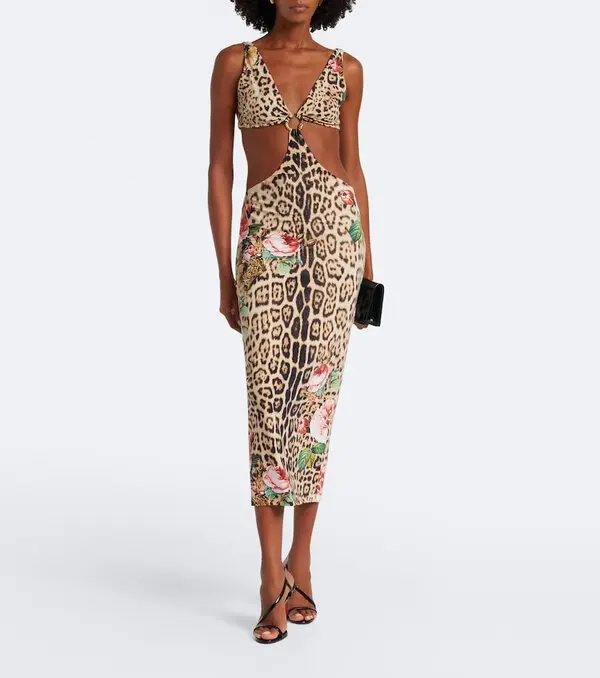 Roberto Cavalli Cutout Leopard Print Midi Dress