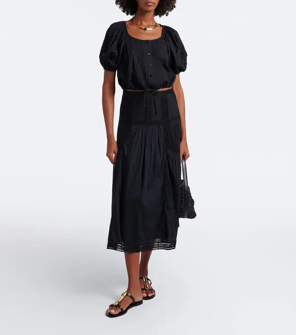 Ulla Johnson Embroidered Tiered Cotton Midi Skirt - Black