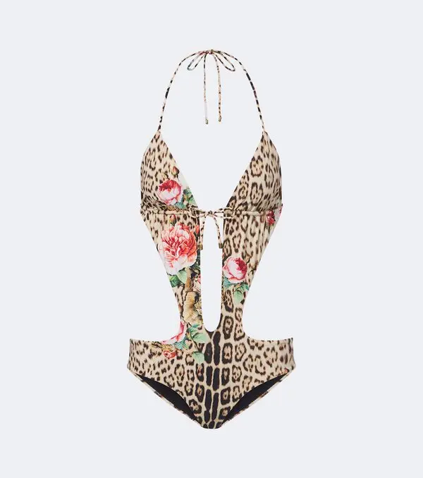 Roberto Cavalli Leopard-print Cut Out One Piece Swimsuit - Beige