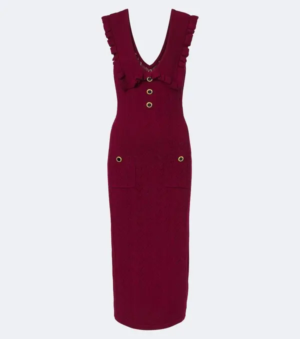 Alessandra Rich Ruffled Knitted Pointelle Midi Dress In Bordeaux - Burgundy