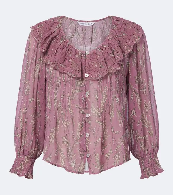 Veronica Beard Hewitt Ruffled Floral Georgette Blouse - Purple