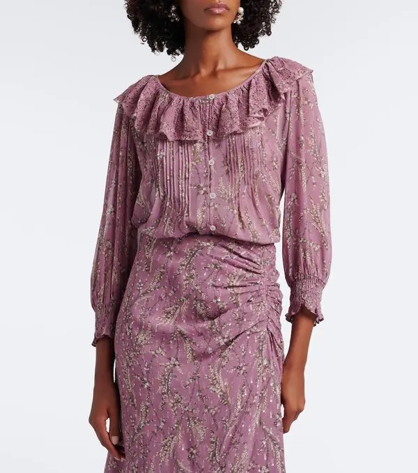 Veronica Beard Hewitt Ruffled Floral Georgette Blouse - Purple