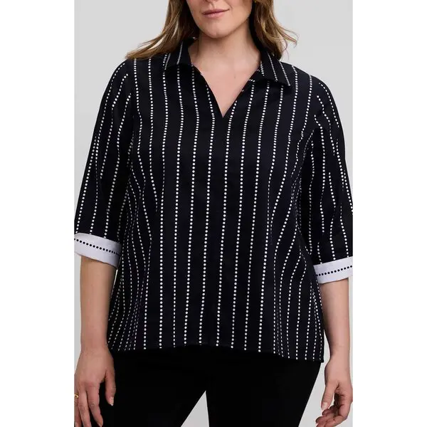 Foxcroft Agnes Dot Stripe Three-quarter Sleeve Cotton Popover Top - Black/white