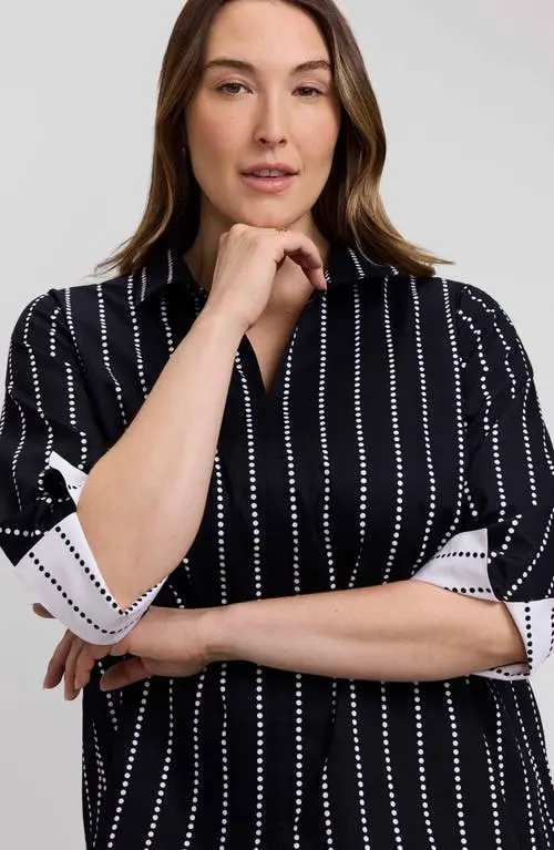 Foxcroft Agnes Dot Stripe Three-quarter Sleeve Cotton Popover Top
