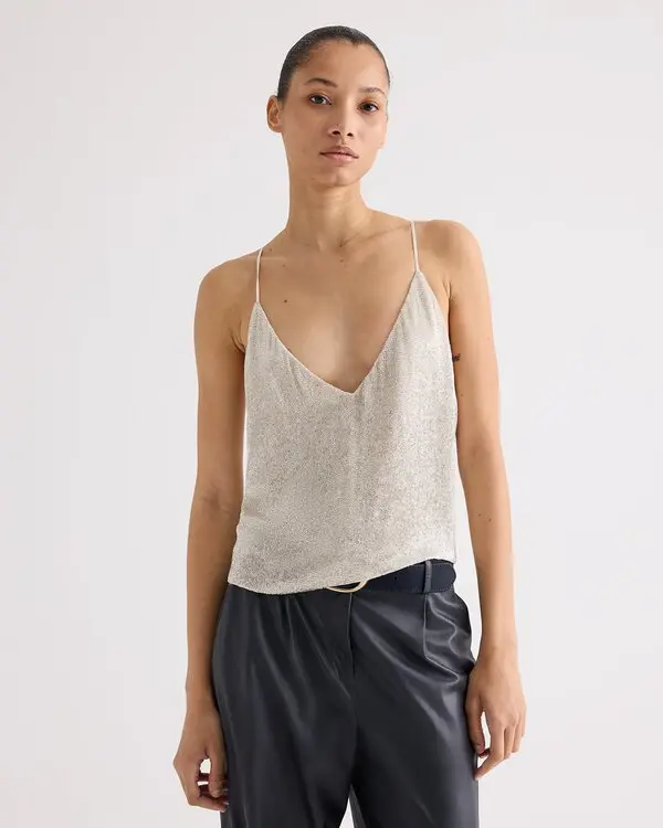 TWP Simple Cami Top In Bugle Beads - Ivory / Silver