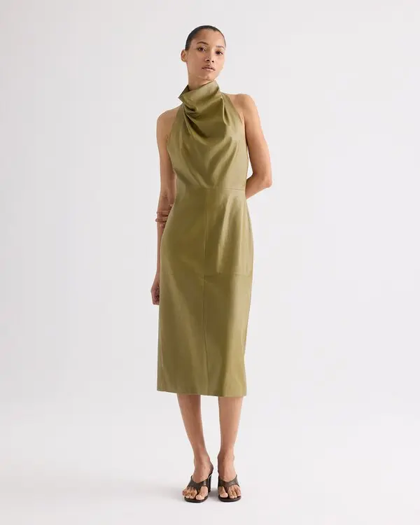 TWP Lola Column Dress In Paper Leather - Dried Herb