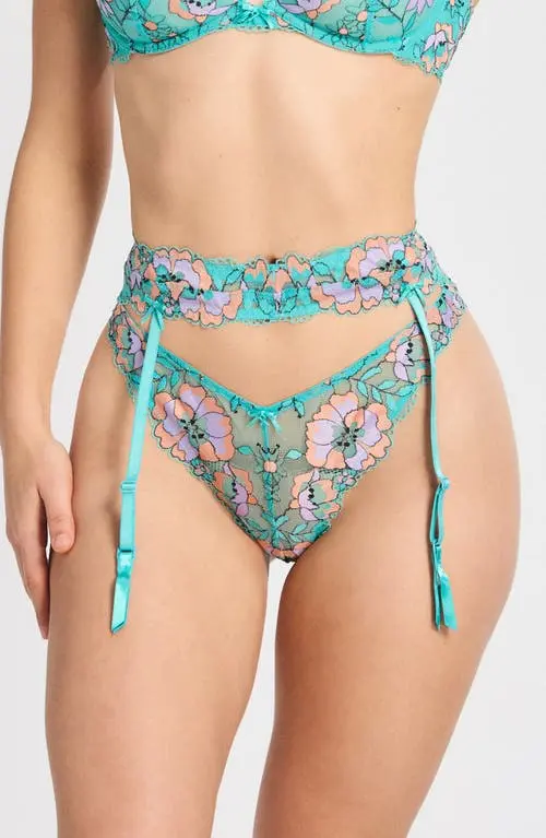 SAVAGE X FENTY Floral Trip Lace Garter Belt - Teal Thunder