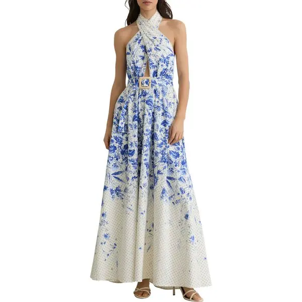 REISS Amaya Belted Halter Maxi Dress - Ivory/blue