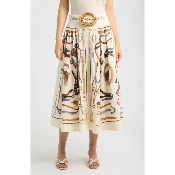 Farm Rio Equestrian Print Ring Belt Skirt - White