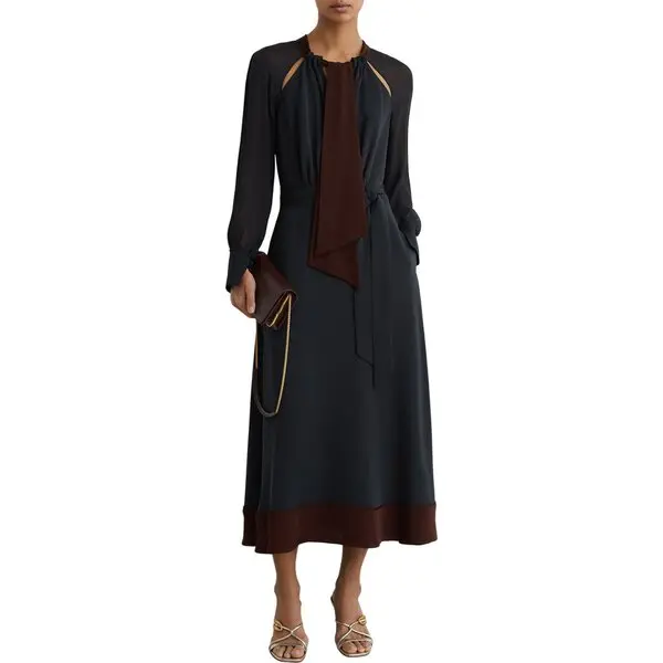 REISS Estella Tie Neck Long Sleeve Maxi Dress - Navy/burgundy