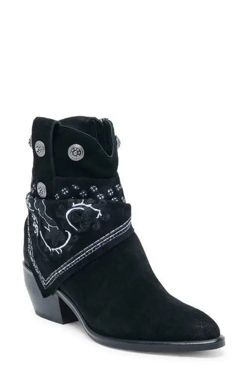 Dolce Vita Mekala Embroidered Suede Block Heel Booties - Onyx Suede