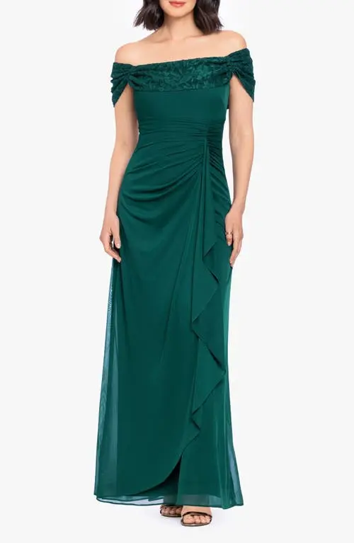 Betsy & Adam Glitter Lace Off The Shoulder Gown - Pine
