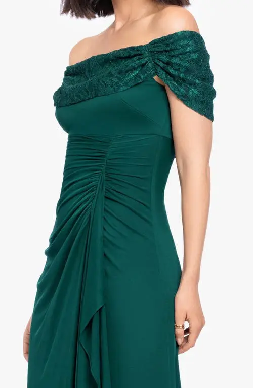 Betsy & Adam Glitter Lace Off The Shoulder Gown - Pine