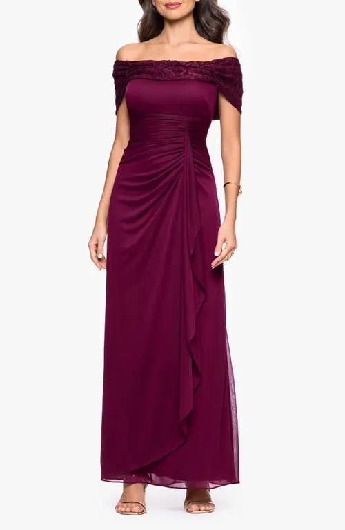 Betsy & Adam Glitter Lace Off The Shoulder Gown - Wine