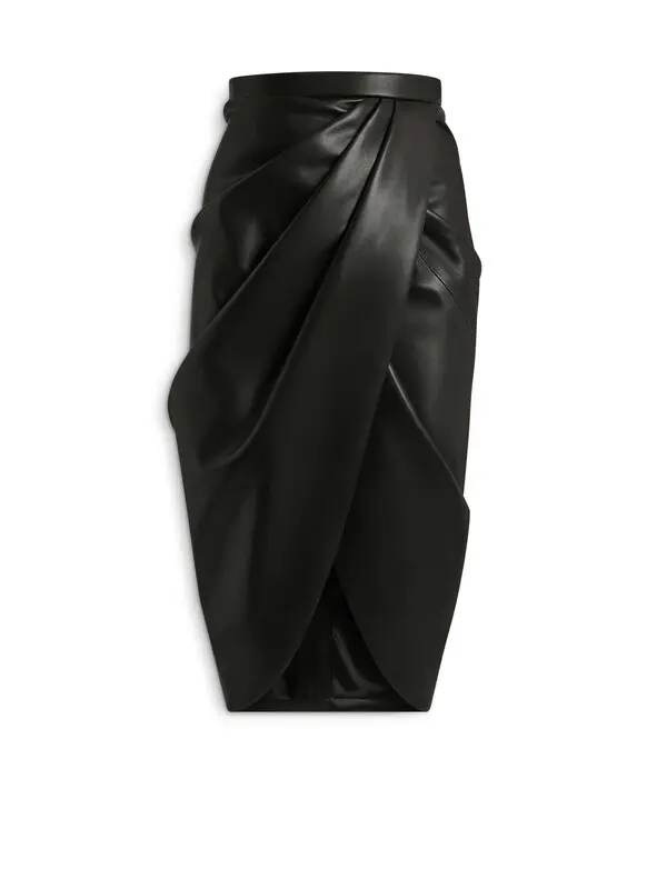 Balmain Draped Lambskin Midi Skirt - Black