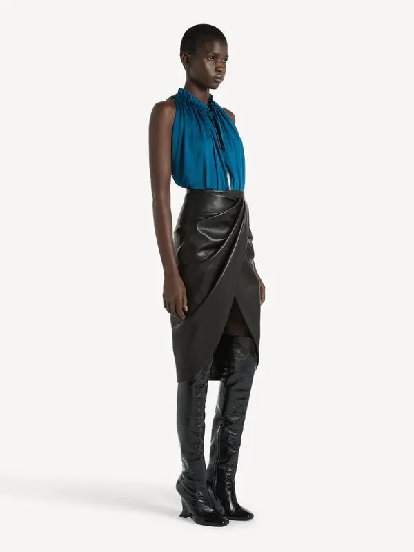 Balmain Draped Lambskin Midi Skirt