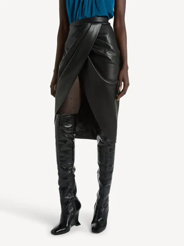 Balmain Draped Lambskin Midi Skirt