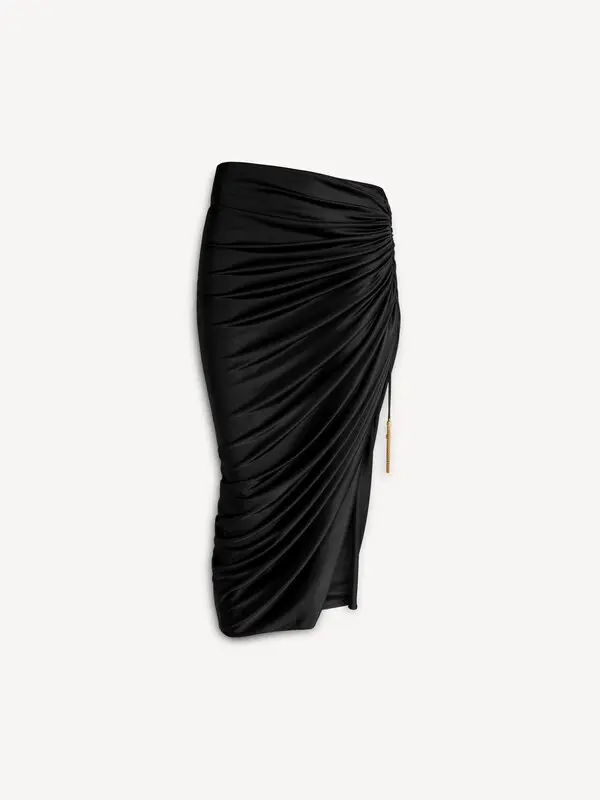 Balmain Flowing Jersey Midi Skirt With Slit And Drawstring Detail - Black