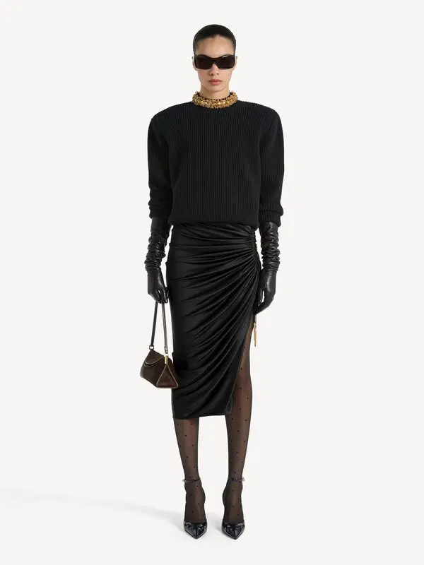 Balmain Flowing Jersey Midi Skirt With Slit And Drawstring Detail - Black