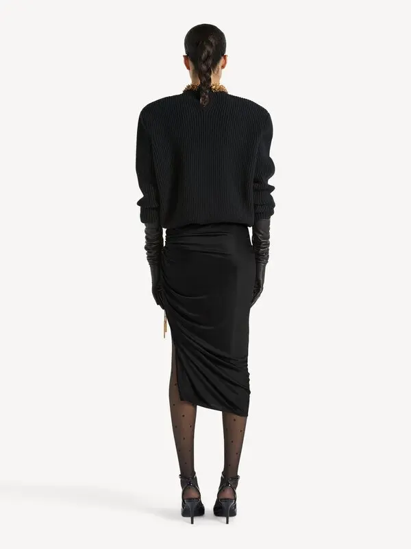 Balmain Flowing Jersey Midi Skirt With Slit And Drawstring Detail - Black