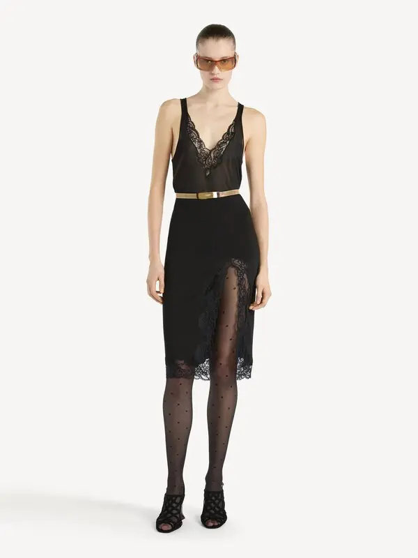 Balmain Knit Midi Skirt With Lace Trim - Black