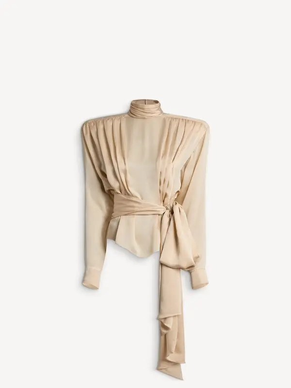 Balmain Silk Chiffon Blouse With Padded Shoulders And Tie