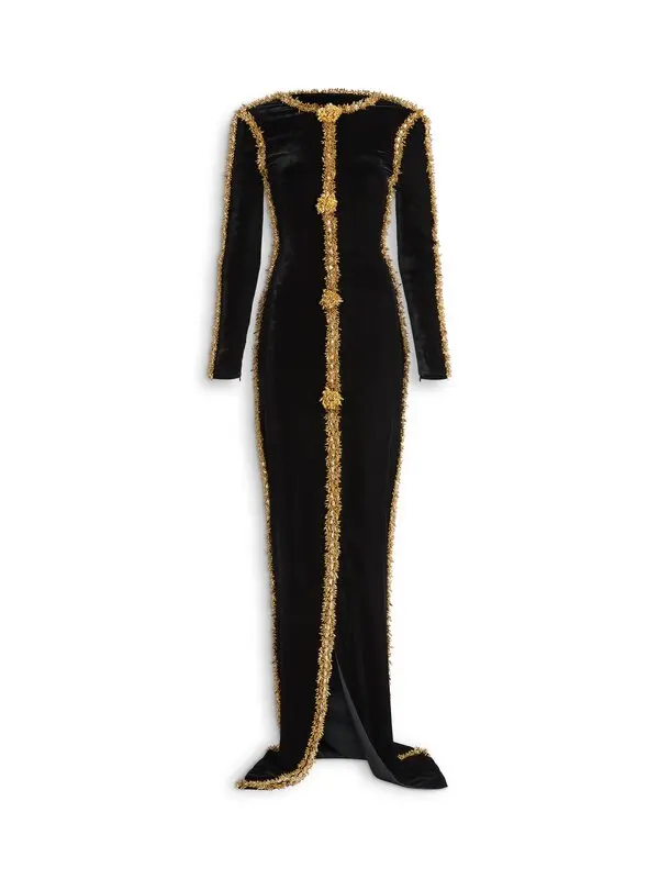Balmain Long Velvet Dress With Embroidered Trim - Black