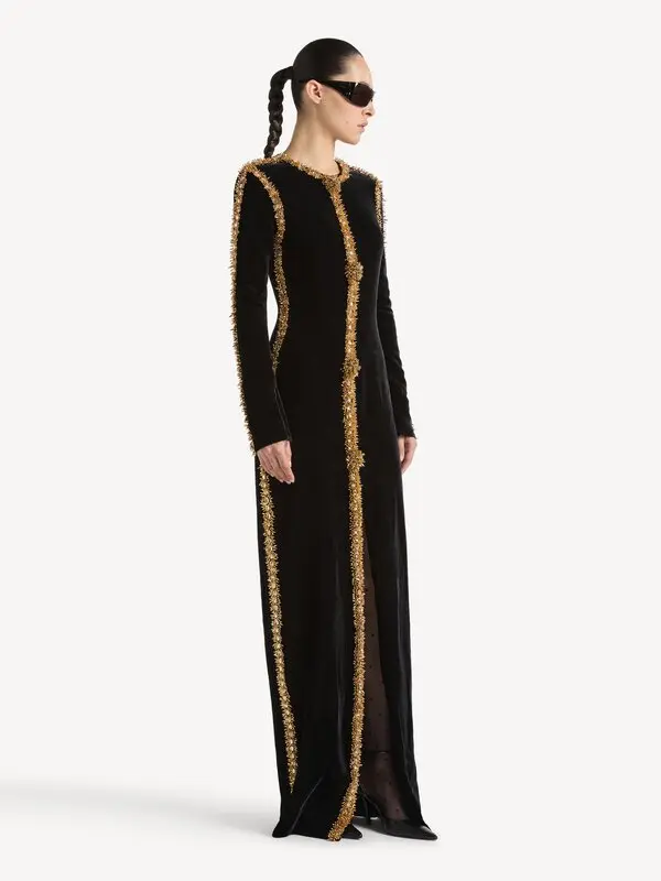 Balmain Long Velvet Dress With Embroidered Trim
