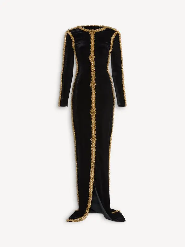 Balmain Long Velvet Dress With Embroidered Trim