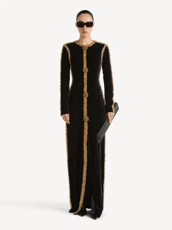 Balmain Long Velvet Dress With Embroidered Trim