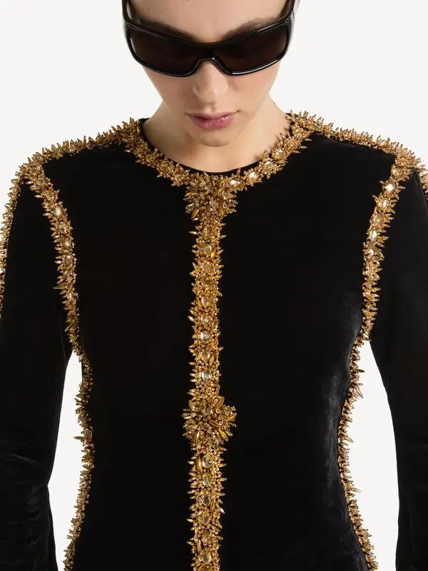 Balmain Long Velvet Dress With Embroidered Trim