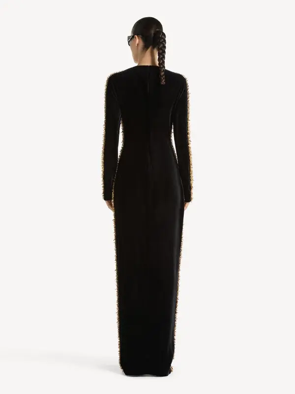 Balmain Long Velvet Dress With Embroidered Trim