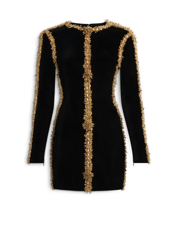 Balmain Velvet Dress With Embroidered Trim - Black