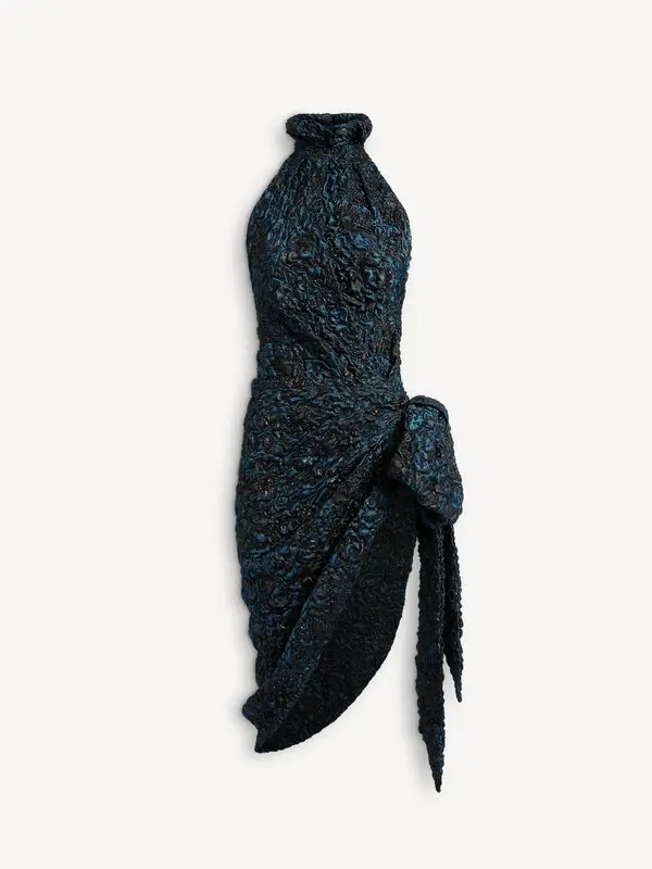 Balmain Draped Cloqué Jacquard Midi Dress - Blue