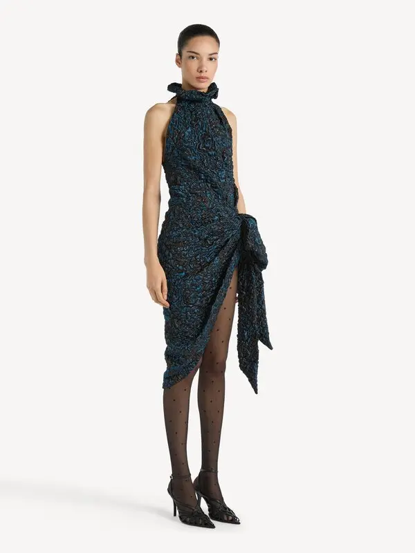Balmain Draped Cloqué Jacquard Midi Dress - Blue