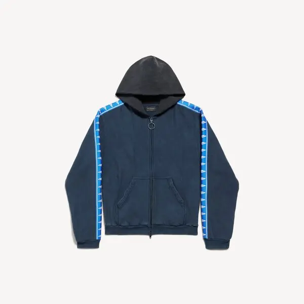 Balenciaga Stripe Patched Hood Zip-up Hoodie - Blue