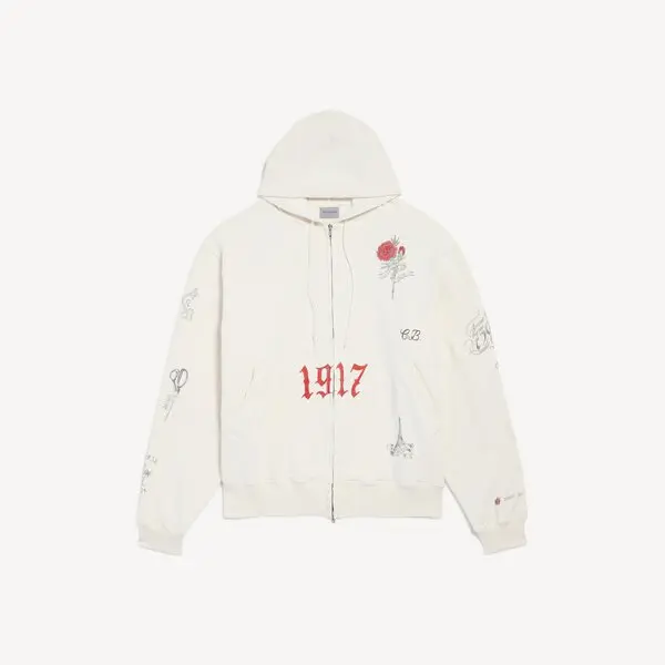 Balenciaga Tattoo Oversized Zip-up Hoodie - Cream