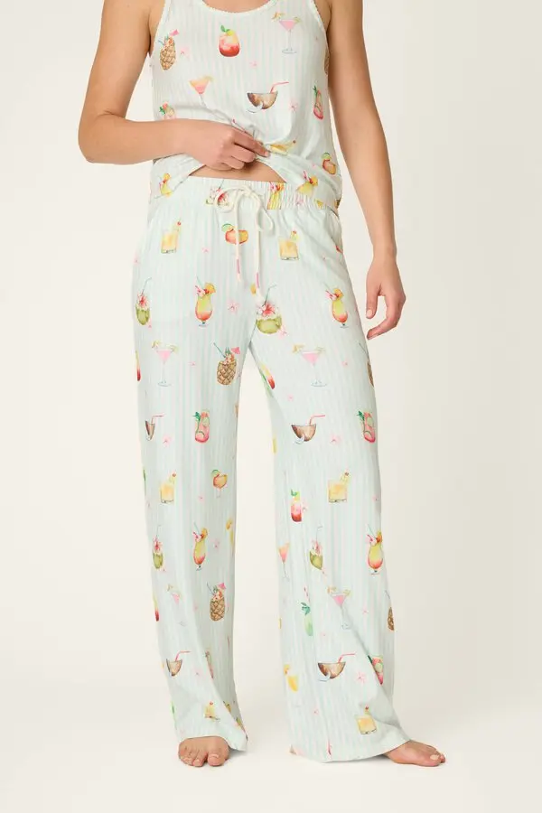 PJ Salvage It's Five O'clock Somewhere Cocktail Print Open Leg Pants - Light Aqua