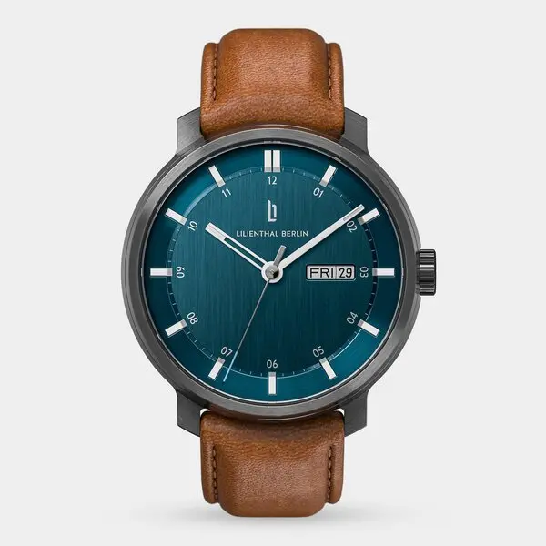 Lilienthal Berlin Neolux Day Date Dark Silver Leather Light Brown - Blue