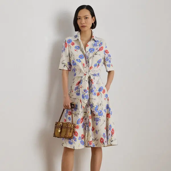 Ralph Lauren Floral Linen Tie-front Shirtdress - Cream Multi