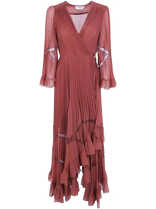TWINSET Long Sleeve Pleated Midi Dress - Brown
