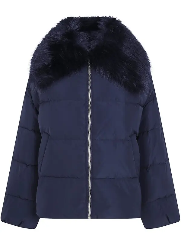 TWINSET Faux Fur Neck Puffer Jacket - Black