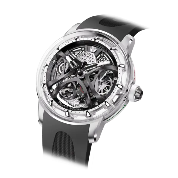 TSAR BOMBA Skunk Works Collection — A Automatic Mechanical Watch That Fuses Trendy Aesthetics With Luxurious Elegance. Featuring A Round Dial With A Bold Skeleton Design, It Is Elevated A Domed Sapphire Crystal And Equipped With A Fluoroelastomer Strap, All Completed Perfect Water Resistance - Black Silver