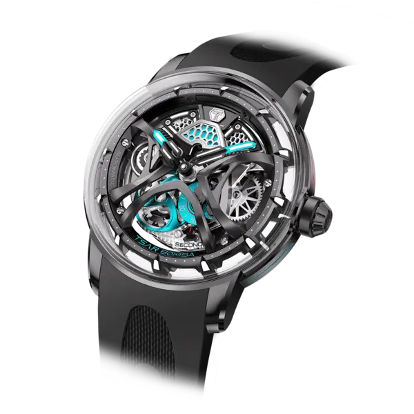 TSAR BOMBA Skunk Works Collection — A Automatic Mechanical Watch That Fuses Trendy Aesthetics With Luxurious Elegance. Featuring A Round Dial With A Bold Skeleton Design, It Is Elevated A Domed Sapphire Crystal And Equipped With A Fluoroelastomer Strap, All Completed Perfect Water Resistance - Black