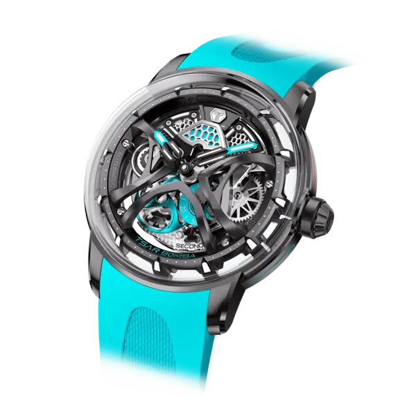 TSAR BOMBA Skunk Works Collection — A Automatic Mechanical Watch That Fuses Trendy Aesthetics With Luxurious Elegance. Featuring A Round Dial With A Bold Skeleton Design, It Is Elevated A Domed Sapphire Crystal And Equipped With A Fluoroelastomer Strap, All Completed Perfect Water Resistance - Lonized Blue